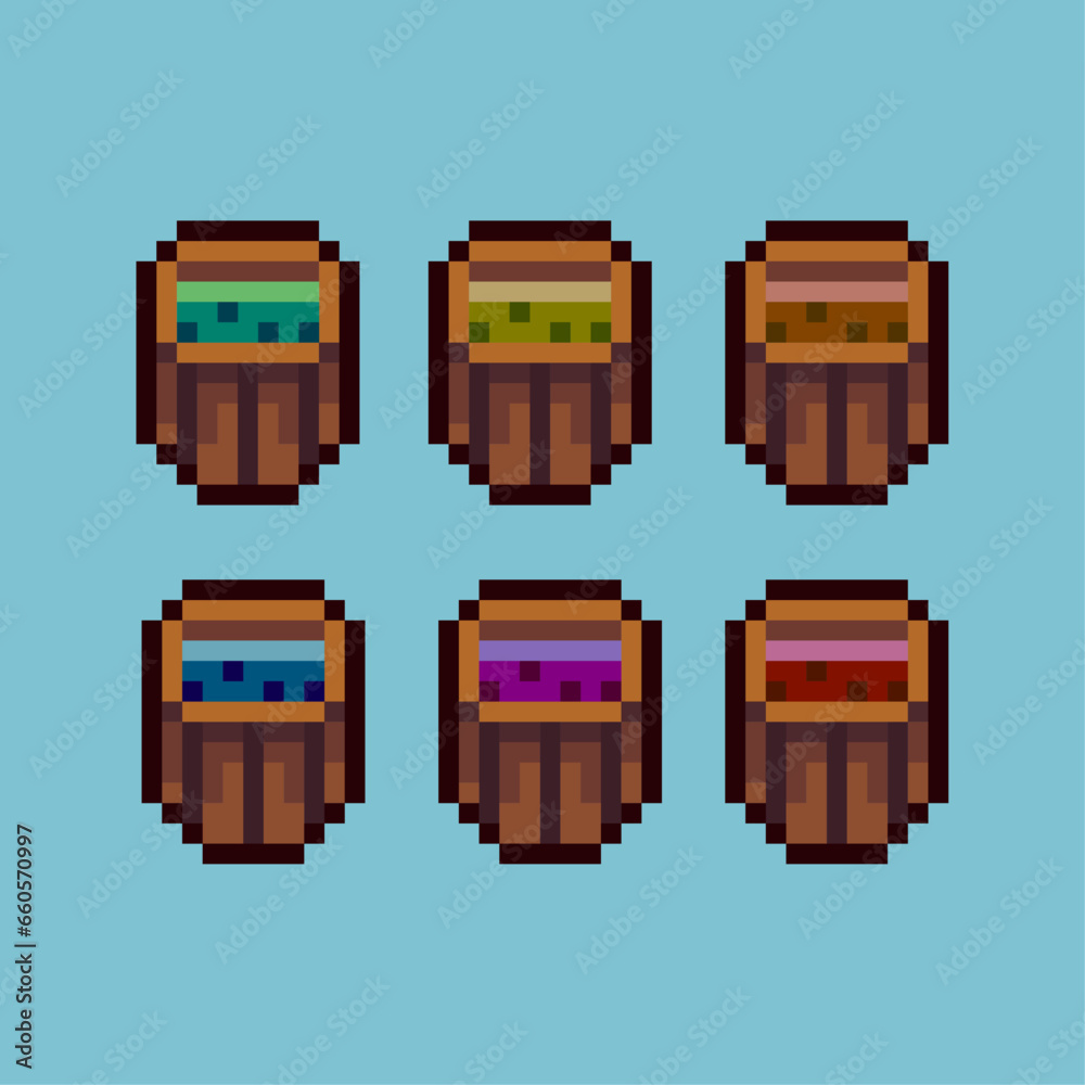 Pixel art sets of wood bucket of water with variation color item asset. Simple bits of bucket ...