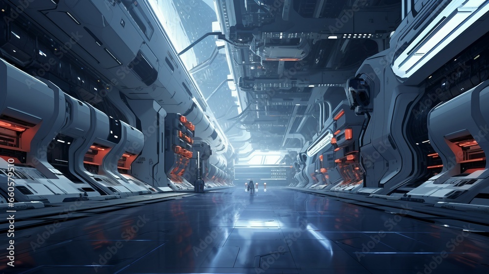 Inside spaceship a man standing inside of a large space ship, detailed ...