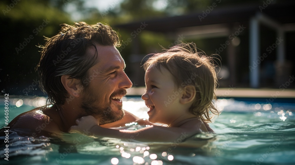 Happy father teaching his little daughter to swim. Active happy child ...