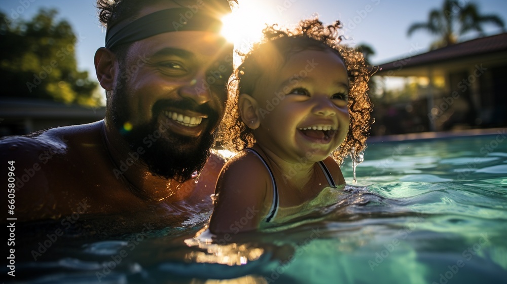 Happy father teaching his little daughter to swim. Active happy child ...