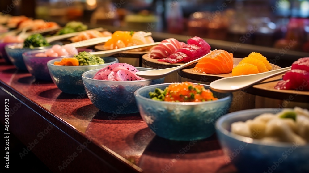 Food - Japanese Assorted Sushi and Sashimi displayed in catering area ...