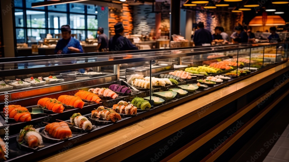 Food - Japanese Assorted Sushi and Sashimi displayed in catering area ...