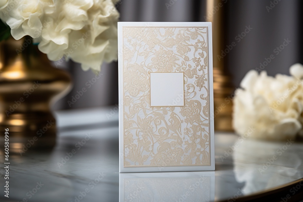 Empty beautiful wedding invitation card with golden floral frame ...