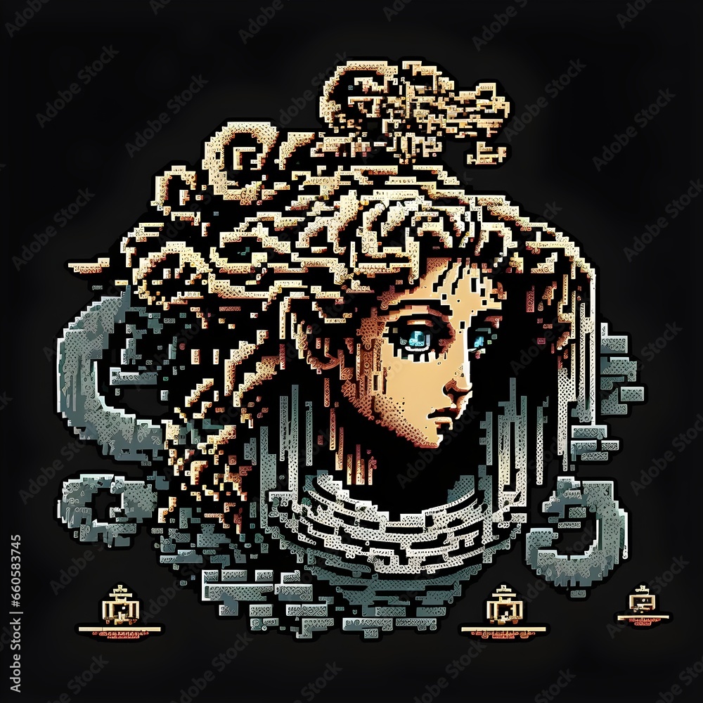 16 bit pixel art greek antiquity medusa idol desert black background by ...