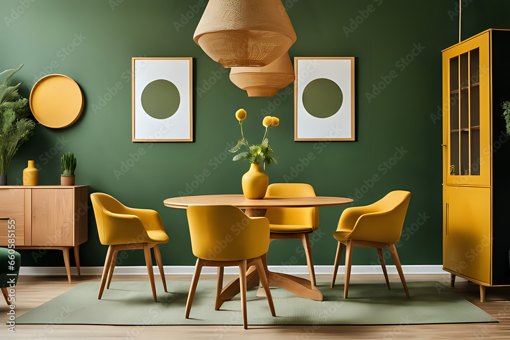 Yellow mustard chairs at round wooden dining room with frame mockups ...