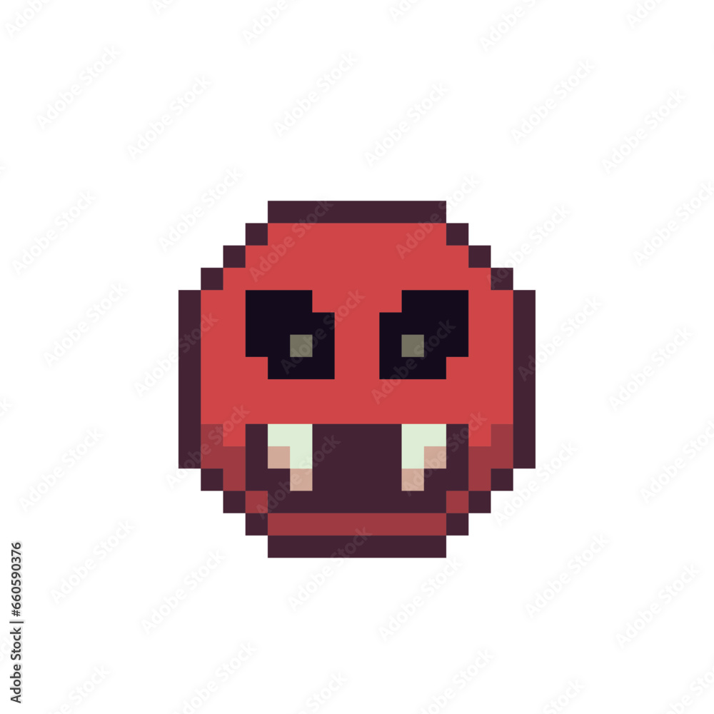 Monster face with scary fang teeth halloween pixel art icon, spooky ...