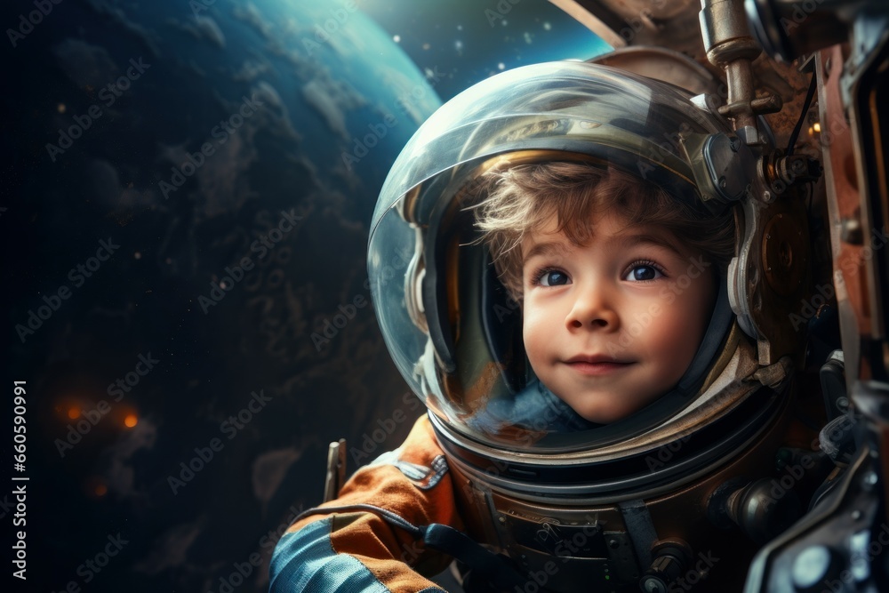 Pioneering Astronaut spaceship space child boy. Sky flight. Generate Ai ...