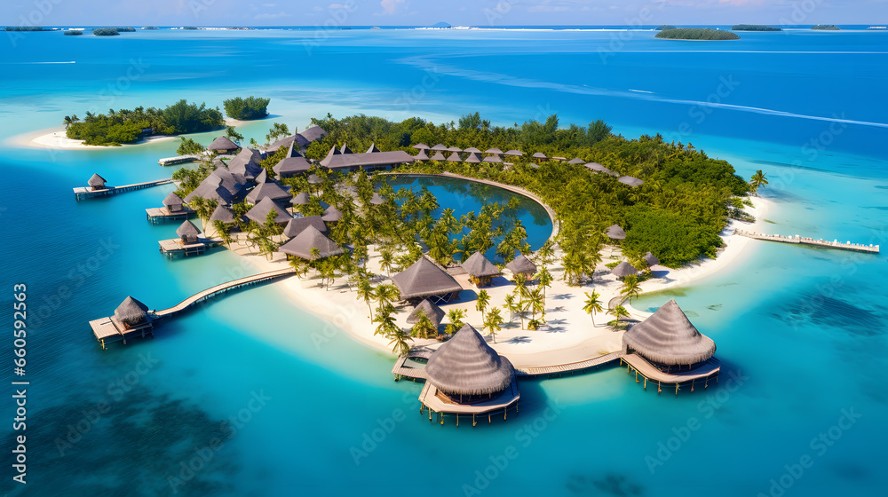 An aerial view of a private island resort with overwater villas and ...