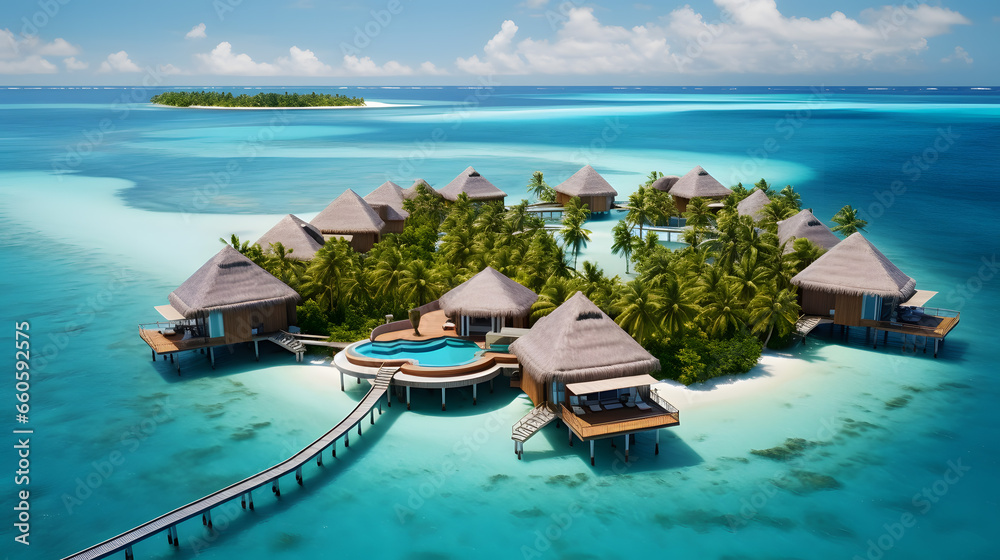 An aerial view of a private island resort with overwater villas and ...