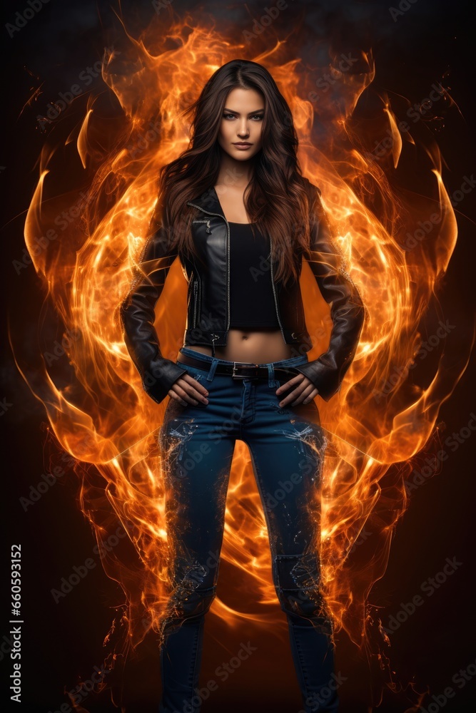 pretty urban fashion wear woman with flames and magic. Urban fantasy ...