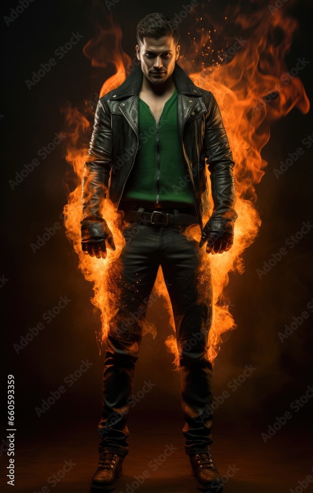 handsome tough man in magical flames. green leather jacket. Urban ...