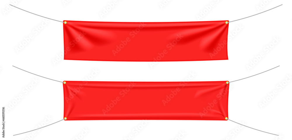 Red textile banners with folds. Blank hanging fabric template ...