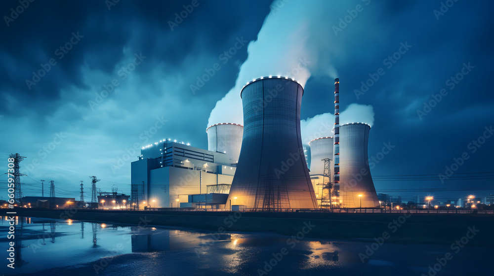 Nuclear Power plant at night with chimneys and cooling towers ...