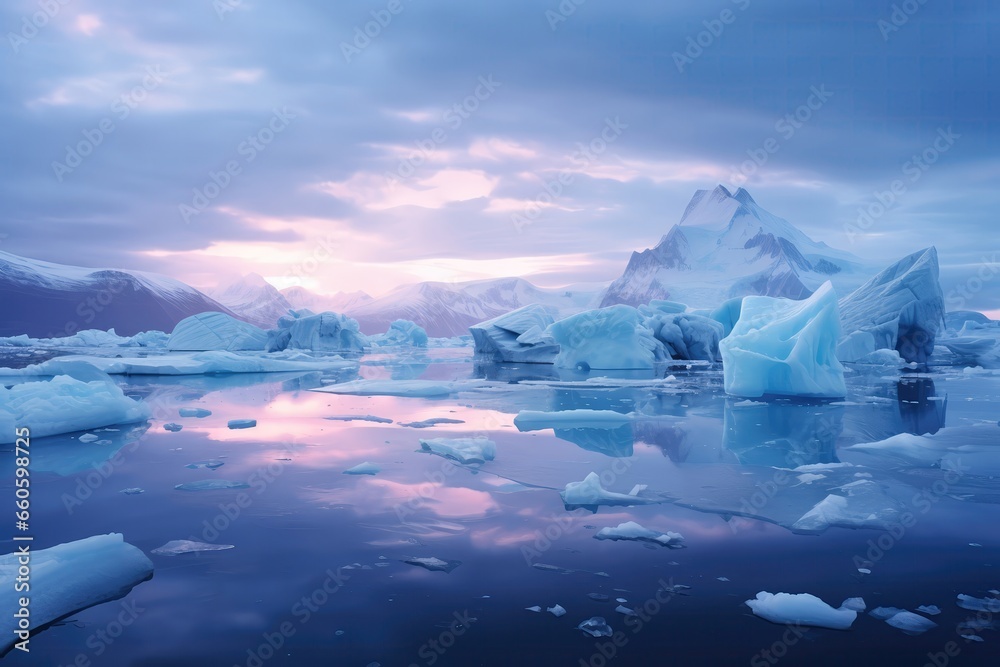 Plakát Arctic Night Landscape With Icebergs, Symbolising The Melting Of ...