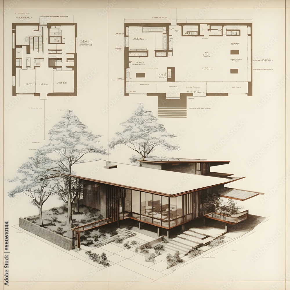 blueprint of minimalist Japanese cottage 1974 design with brutalist ...