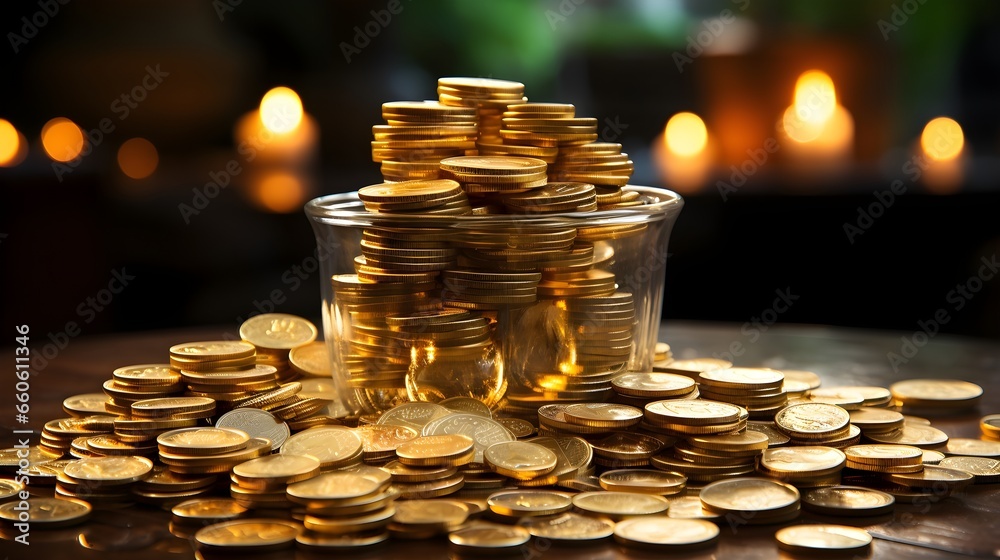 stacks of euro coins, Stack of Gold Coin, Pile of US coins shimmers in ...
