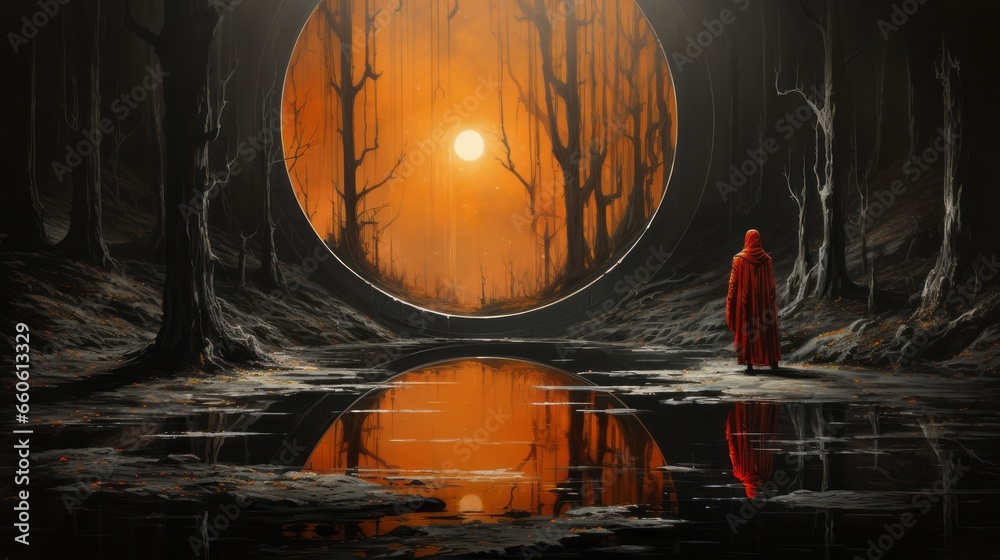 An enigmatic figure draped in crimson robes gazes into a tunnel adorned ...