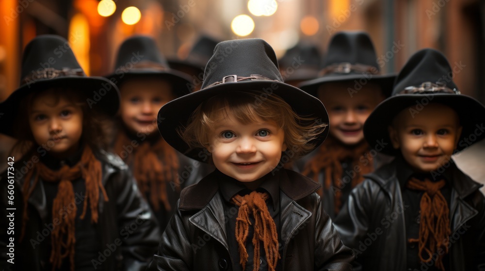 Foto de A lively group of young children, donning black fedoras and ...