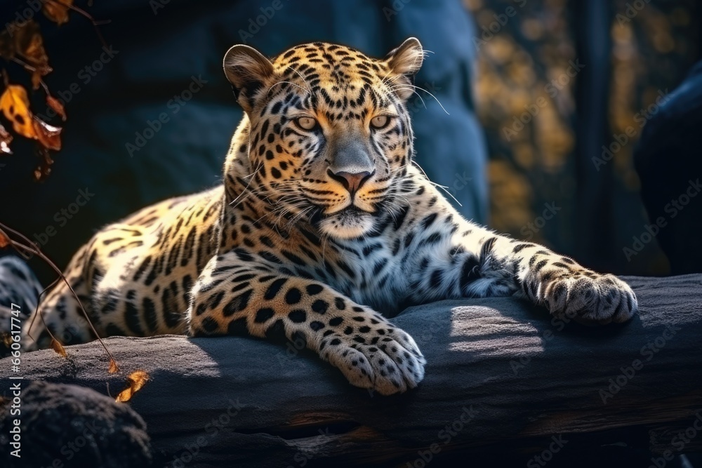 A leopard is seen lying on top of a log. This image can be used to ...