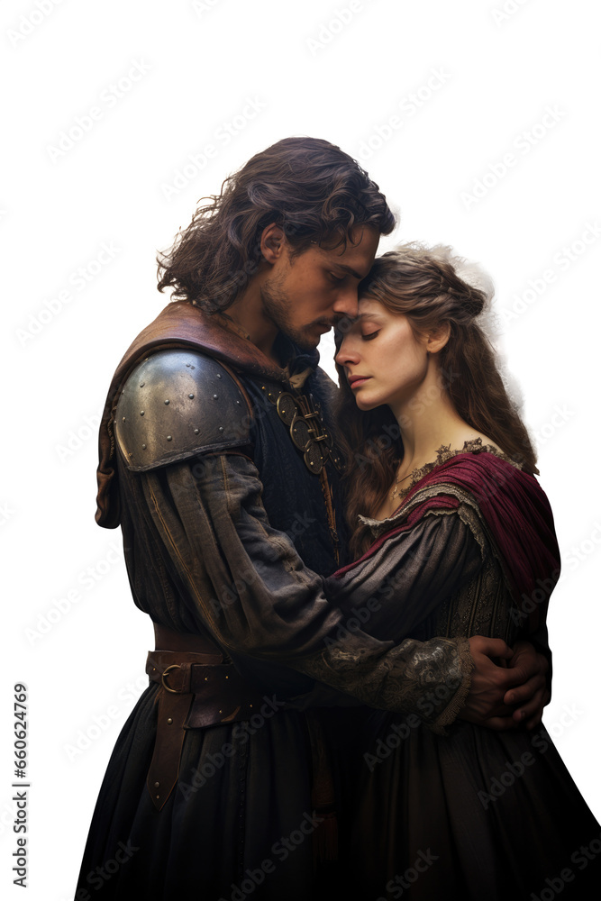 Handsome knight with long hair. Pretty woman with brown hair. Medieval ...