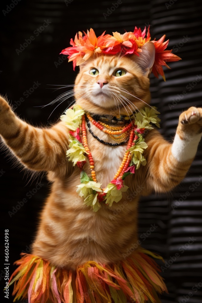 Quirky orange tabby cat donned in hula attire, balancing hilariously on ...