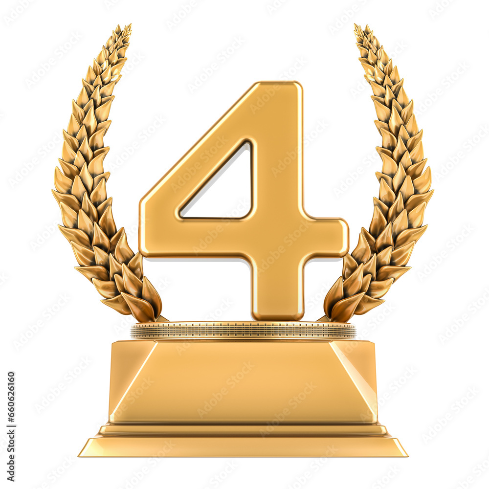 Fourth place golden trophy cup, 3D rendering isolated on transparent ...