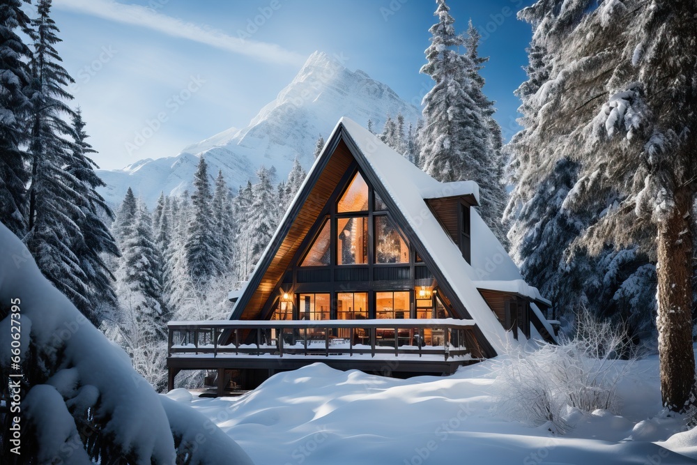 Snowy cabin with lit interiors nestled between snow-covered trees with ...