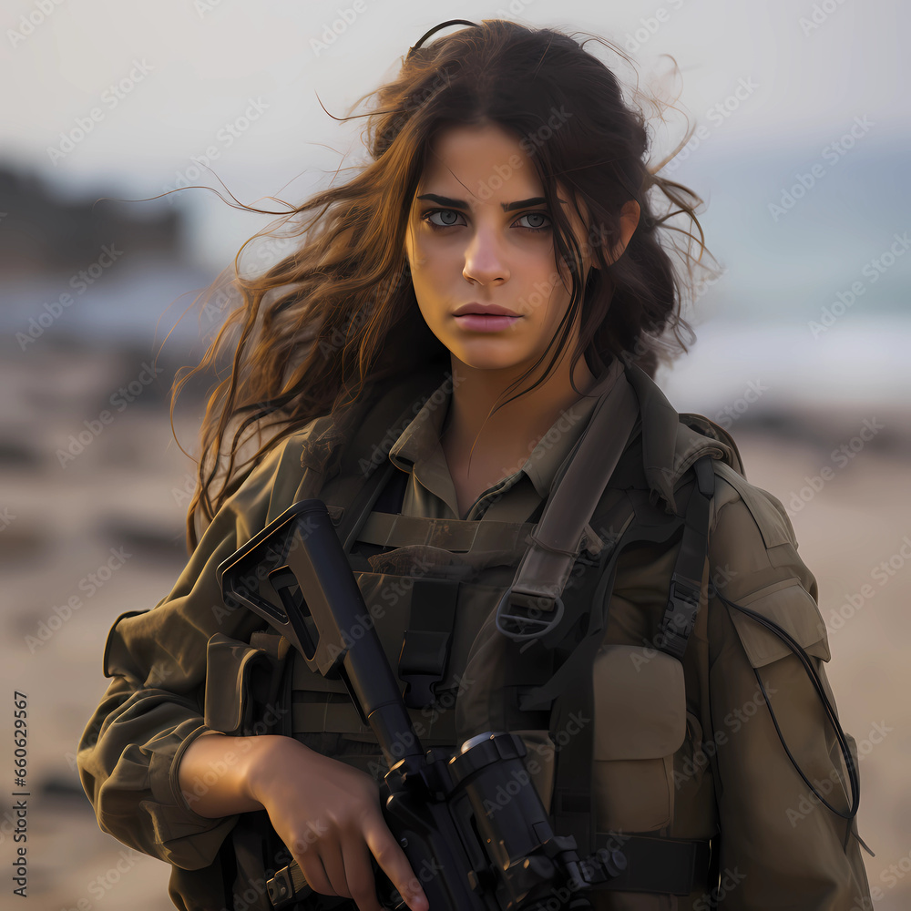 Beautiful Israeli girl in military uniform with a weapon. Portrait of a ...