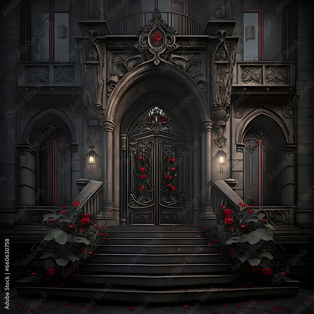 The entrance to the vast and elaborate Gothic Mansion with sconces on ...