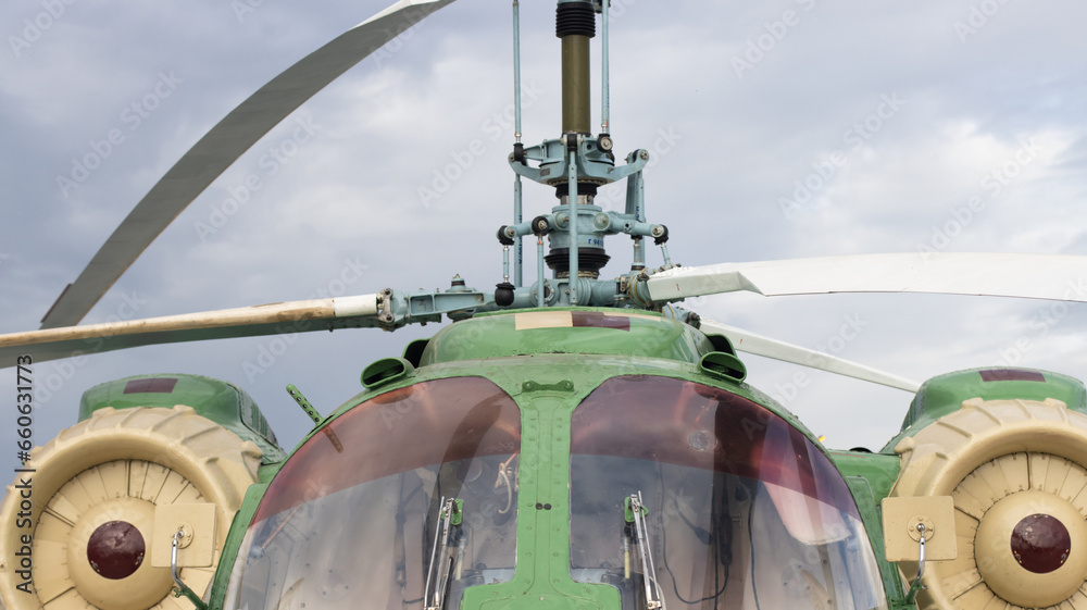 Helicopter blades and engines close up. Mechanisms of longitudinal and ...