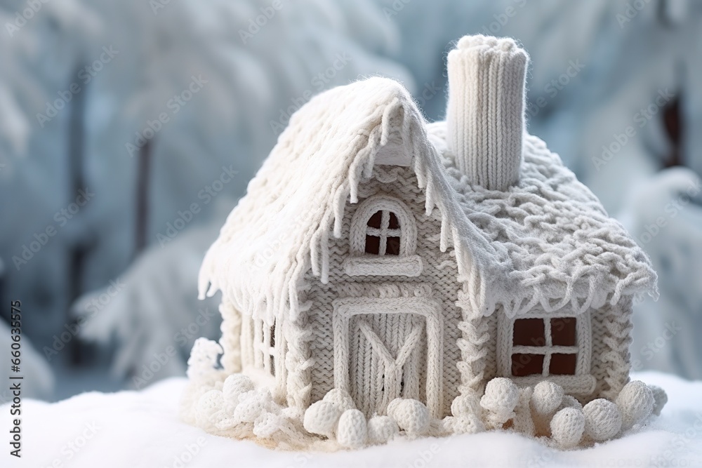 Gestricktes Haus in einer Winterlandschaft. Selbst Häkeln oder Stricken ...