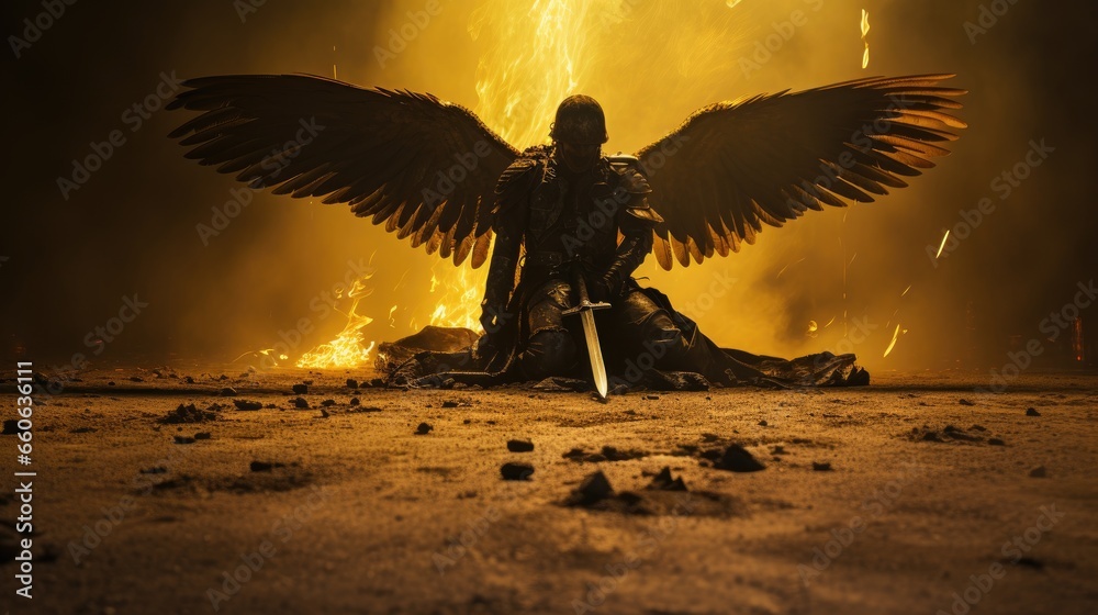 Fallen angel with outstretched wings and ball lowered to the ground on ...