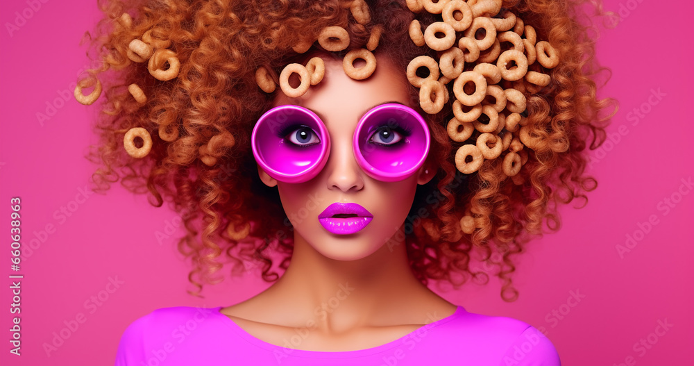 Funny young woman with red curly hair with fruit loops cereal in her ...