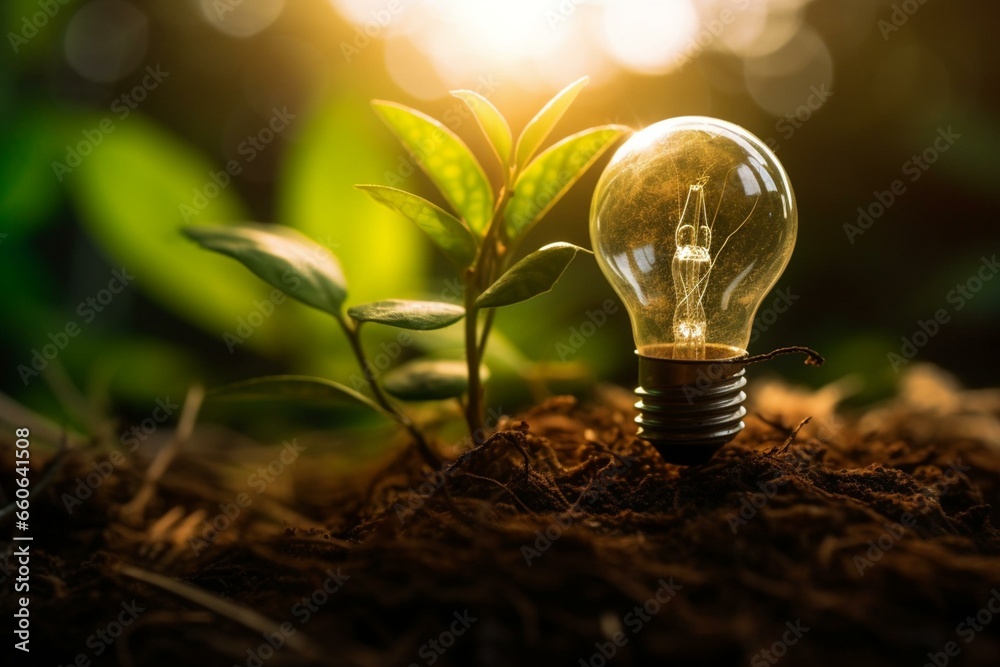 Sustainable: A lightbulb with a small plant in sunlight conveying the ...