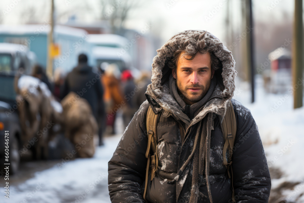 A person wrapped in blankets on a cold sidewalk, portraying the harsh ...