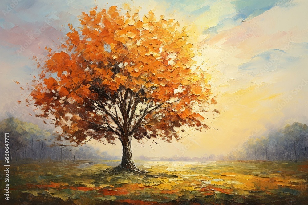 Impressionism autumn tree in sun landscape captured through oil ...