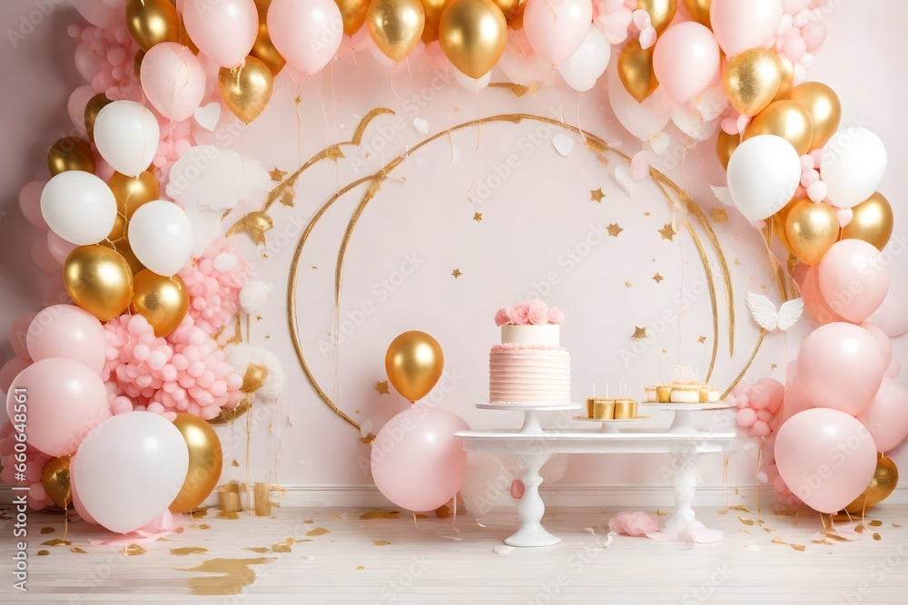 Foto de Arch decorated with pink, white, golden balloons, angel wings. Trendy cake with decor ...