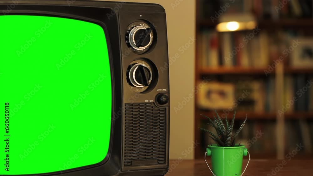 Vintage TV with Green Screen in Cozy Living Room, Zoom In Shot 4K Stock ...