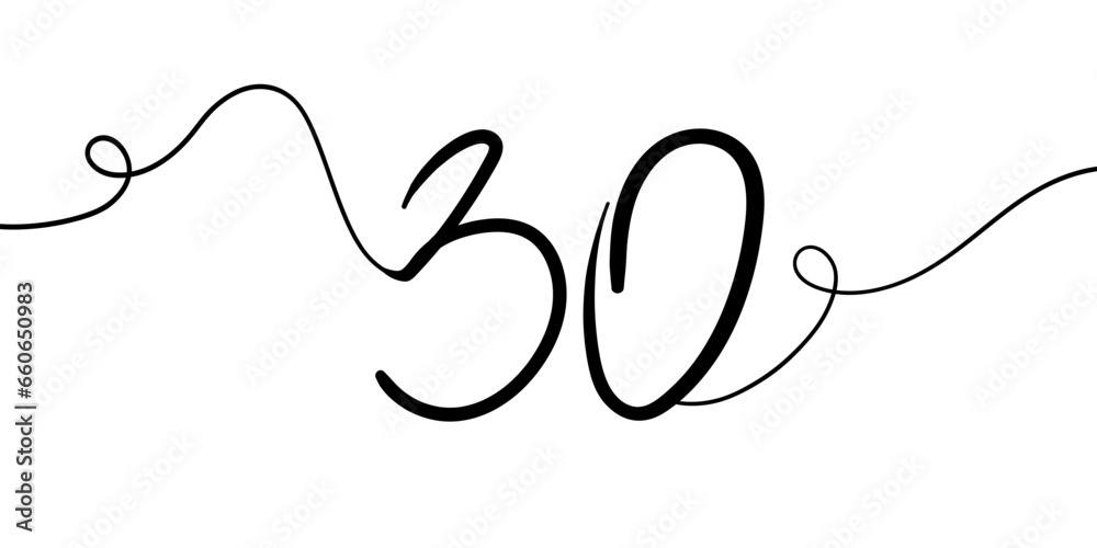 Number 30 line art drawing on white background. 30th birthday ...