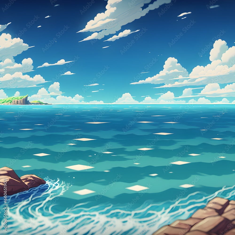 a calm ocean drawn in one piece style anime cartoon watercolor 32k 16k ...