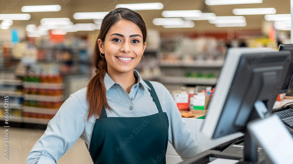 Beautiful and positive female cashier working on cash register in a ...
