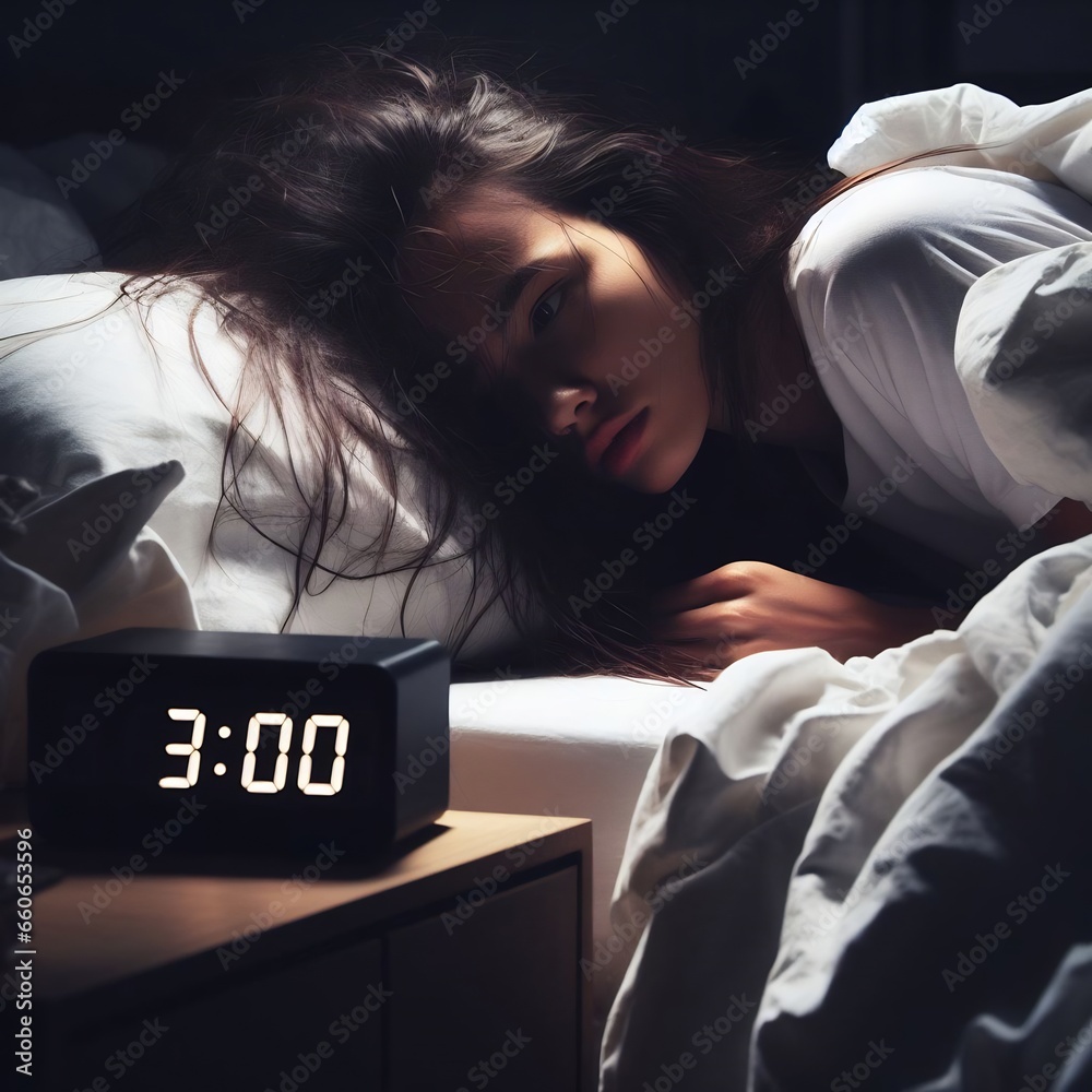 Young woman with insomnia at 3 o'clock, tossing and turning under messy ...