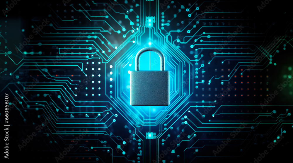 Padlock over glowing abstract electronic circuit background, wide ...