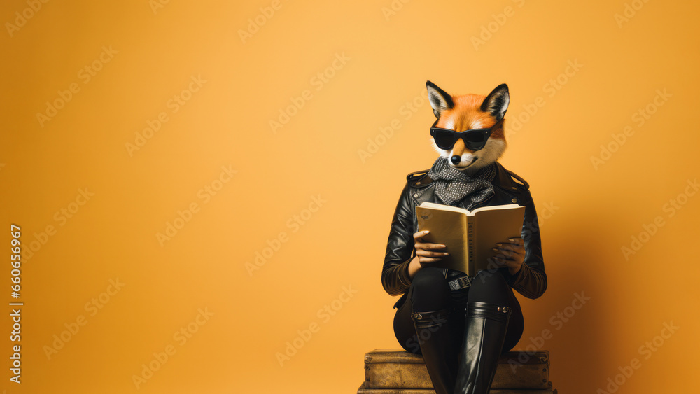 Teacher in a punk rock style with a fox head sits on a pile of books ...