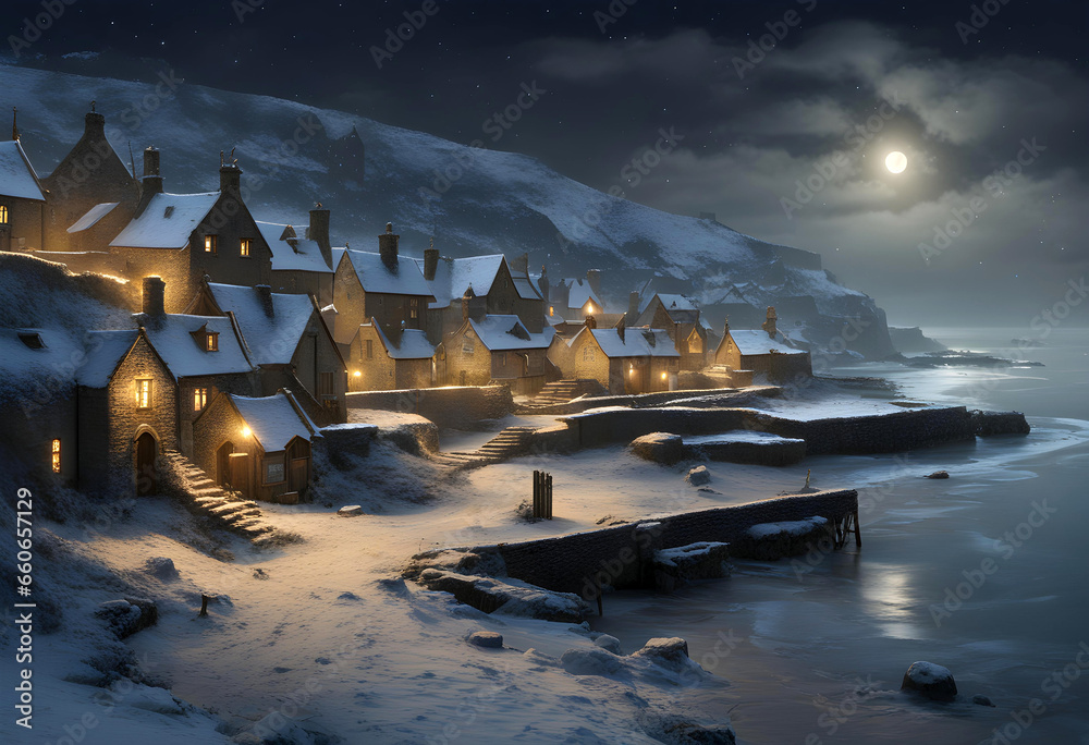 fantasy medieval seaside town in winter at night with ancient timber ...