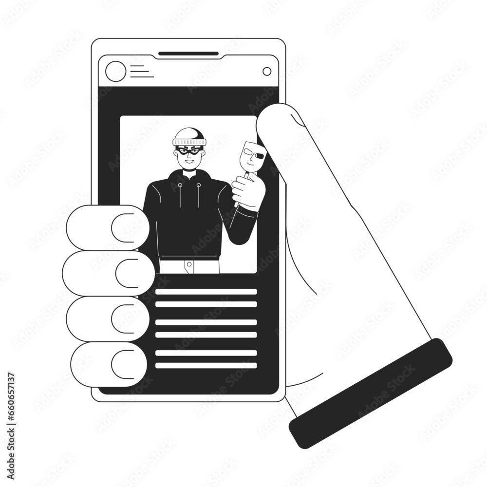 Holding smartphone bw concept vector spot illustration. Stealing ...