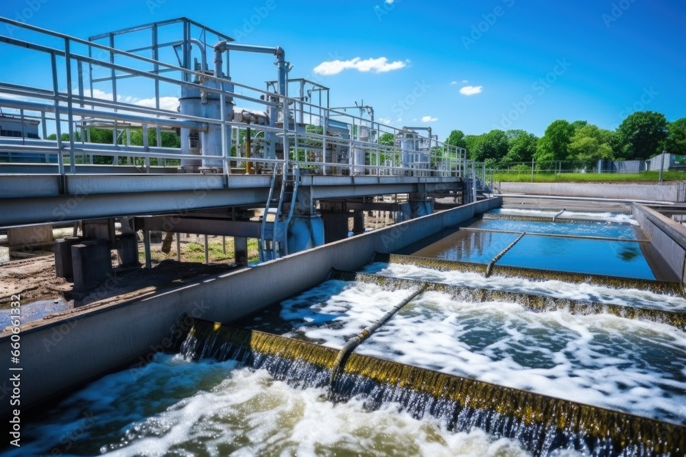 A wastewater treatment plant with a large pipe releasing water Stock ...