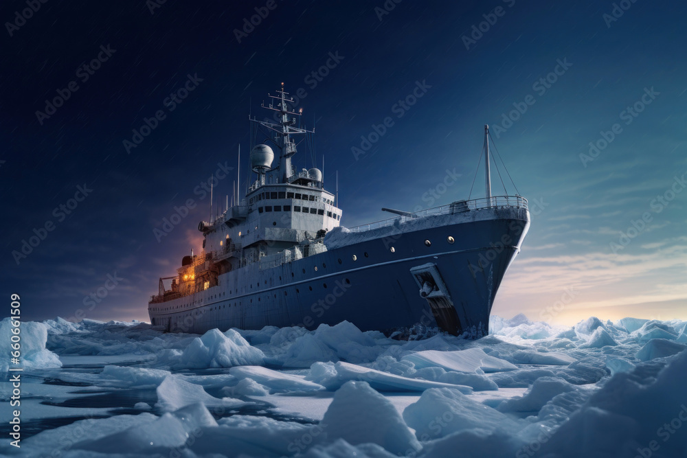 ship sails through the ice of the Arctic Ocean, polar night,northern ...