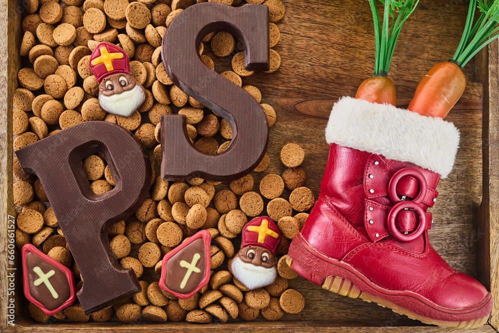 Dutch holiday Sinterklaas background. Children shoe with carrots ...