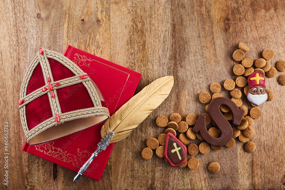 Dutch holiday Sinterklaas background with mitre or mijter staff and ...
